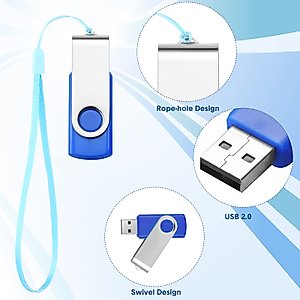 50 Pack USB Flash Drives Bulk with Lanyards USB 2.0 Thumb Drive Swivel Storage Flash Drive Pack Bulk with LED Light for Data Storage Backup, 10 Colors (128 MB)