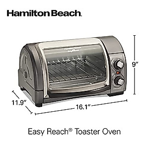 Hamilton Beach Easy Reach 4-Slice Countertop Toaster Oven With Roll-Top Door, 1200 Watts, Fits 9” Pizza, 3 Cooking Functions for Bake, Broil and Toast, Silver (31344DA)