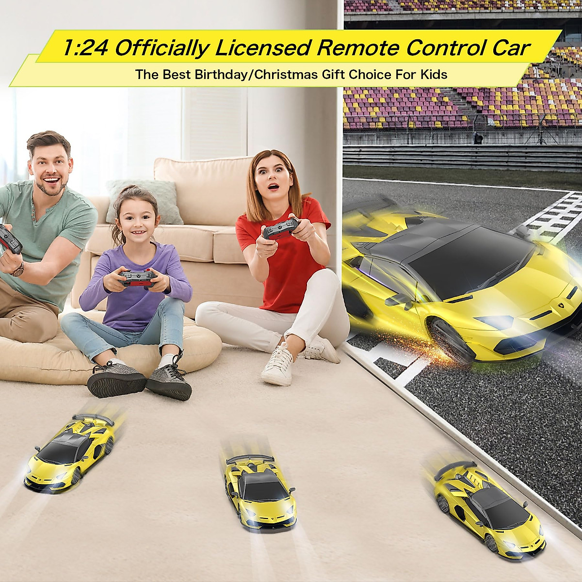 AEROQUEST Lamborghini Remote Control Car, 1:24 Scale Lamborghini Rc Cars with Headlight, 2.4GHz Hobby Rc Race Car for 3 4 5 6 7 8+ Years Old Kids Boy Girls Birthday Gift, Yellow