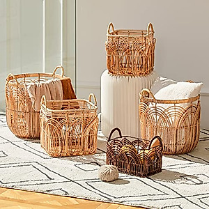 LA JOLIE MUSE Hand Woven Laundry Basket Set of 2, Boho Wicker Baskets Hamper with Handle, Chic Decorative Blanket Basket Holder for Living Room Bedroom Bathroom Home Office Storage