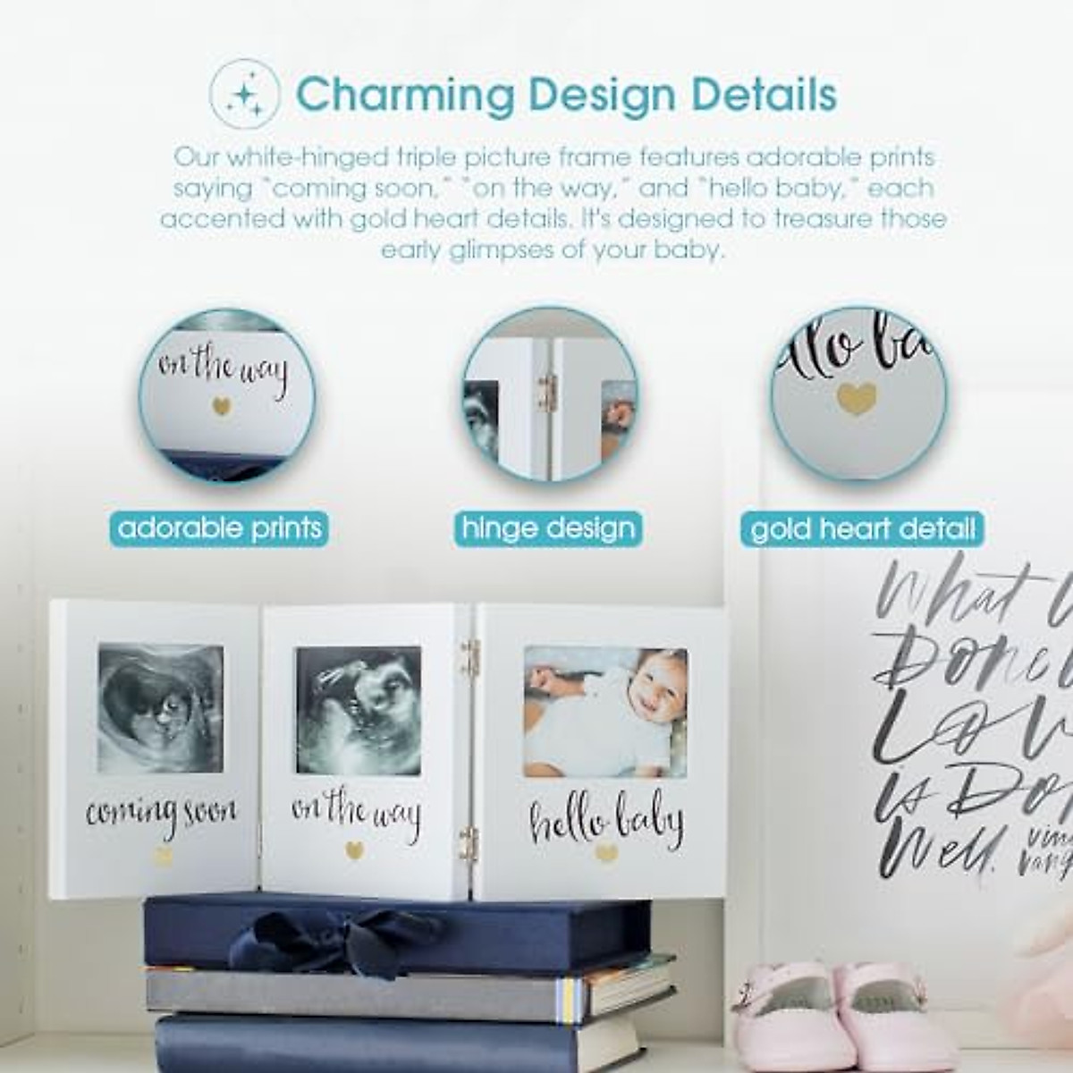 Pearhead Triple Sonogram Keepsake Photo Frame, Gender Neutral Ultrasound Keepsake, Ideal Pregnancy Gift For First Time Moms, Baby Shower and Nursery Decor, 3.5”x2.5” Photo Insert, White