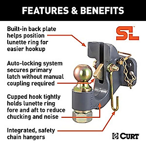 CURT 48411 SecureLatch 2-Inch Ball and Pintle Hitch Hook Combination, 20,000 Pounds, Mount Required