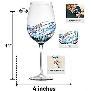 Bezrat Red Wine Glasses Set of 2, Hand Painted Wine Glass, Drinkware Essentials, 11" H, 28oz Wine Lover Large Glass, Glassware Gifts Ideas for Women Inspired by 'Duomo di Milano' Mothers Day (Blue)