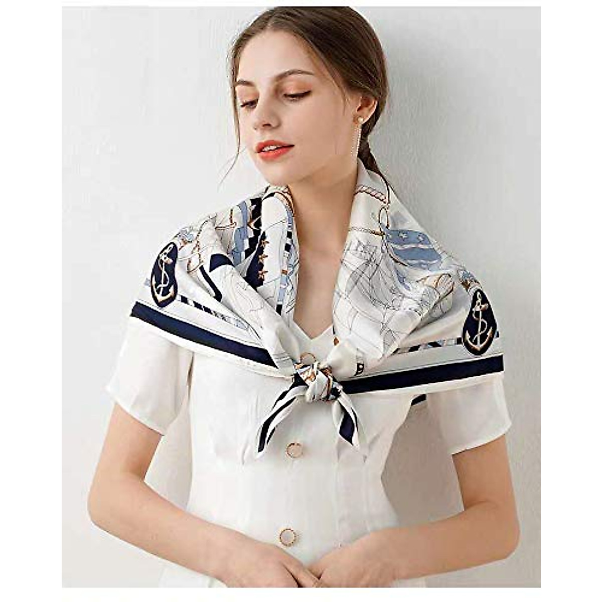 ANDANTINO 100% Pure Mulberry Silk Scarf 35" Large Square Lightweight Headscarf –Women’s Hair Wraps-With Gift Packed (Navy Blue&White)