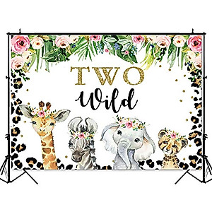 Mocsicka Two Wild Backdrop for Girl Jungle Safari Animals 2nd Birthday Party Decoration 7x5ft Floral Leopard Photo Background for Birthday Banner (7x5ft (82x60 inch))