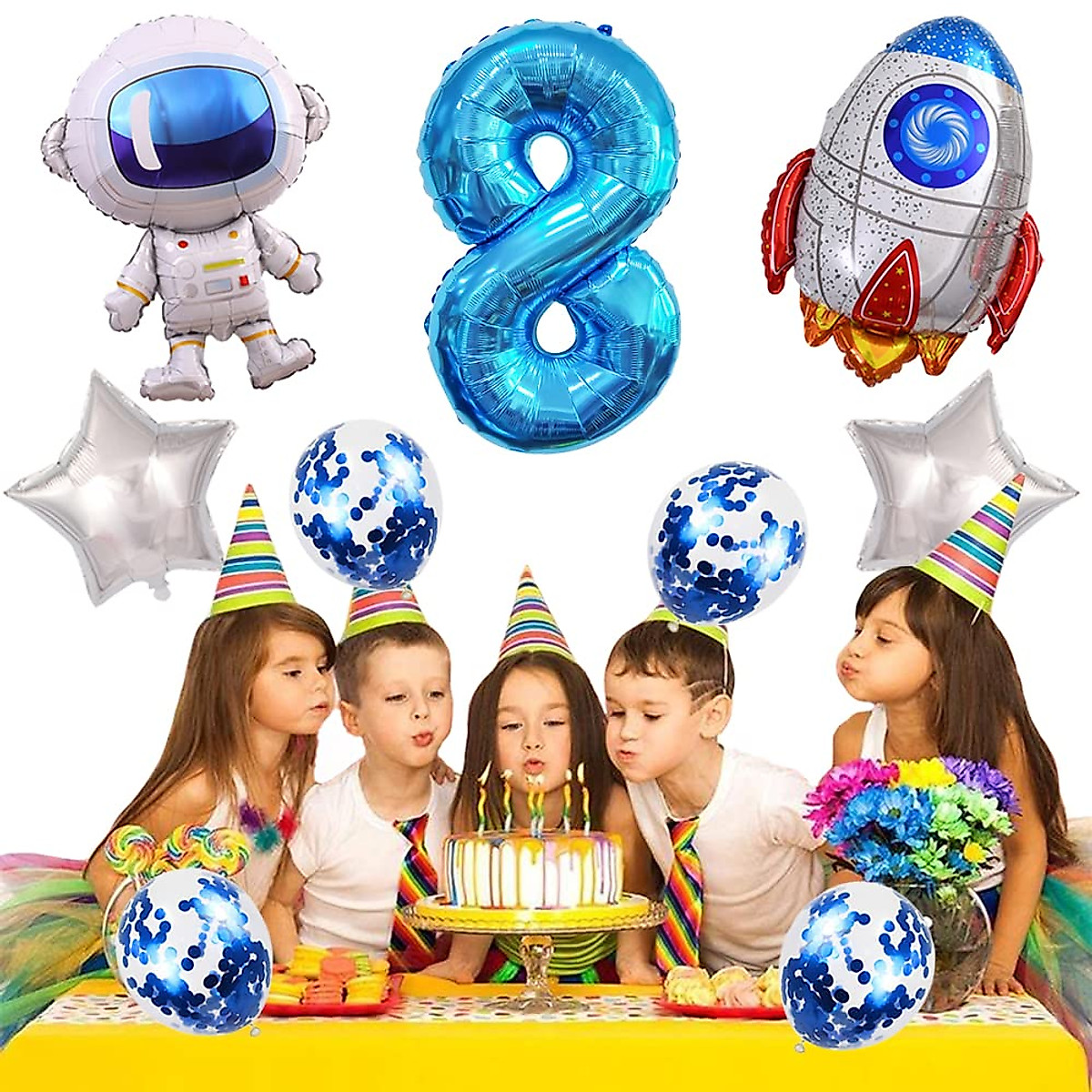 Kawailay Astronaut Rocket 8th Birthday Party Balloons Jumbo Spaceman Birthday Balloons Outer Space Theme Foil Balloons 32 Inch Blue Number 8 Helium Balloon for Birthday Party