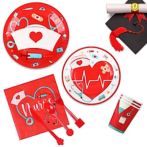 168 Pcs Nurse Graduation Party Decorations, Doctor Nurse Medical Birthday Party Tableware Set 24 Guests Dinner Dessert Plates Cups Napkins for Doctors Day Nursing School Office Party Supplies (Red)