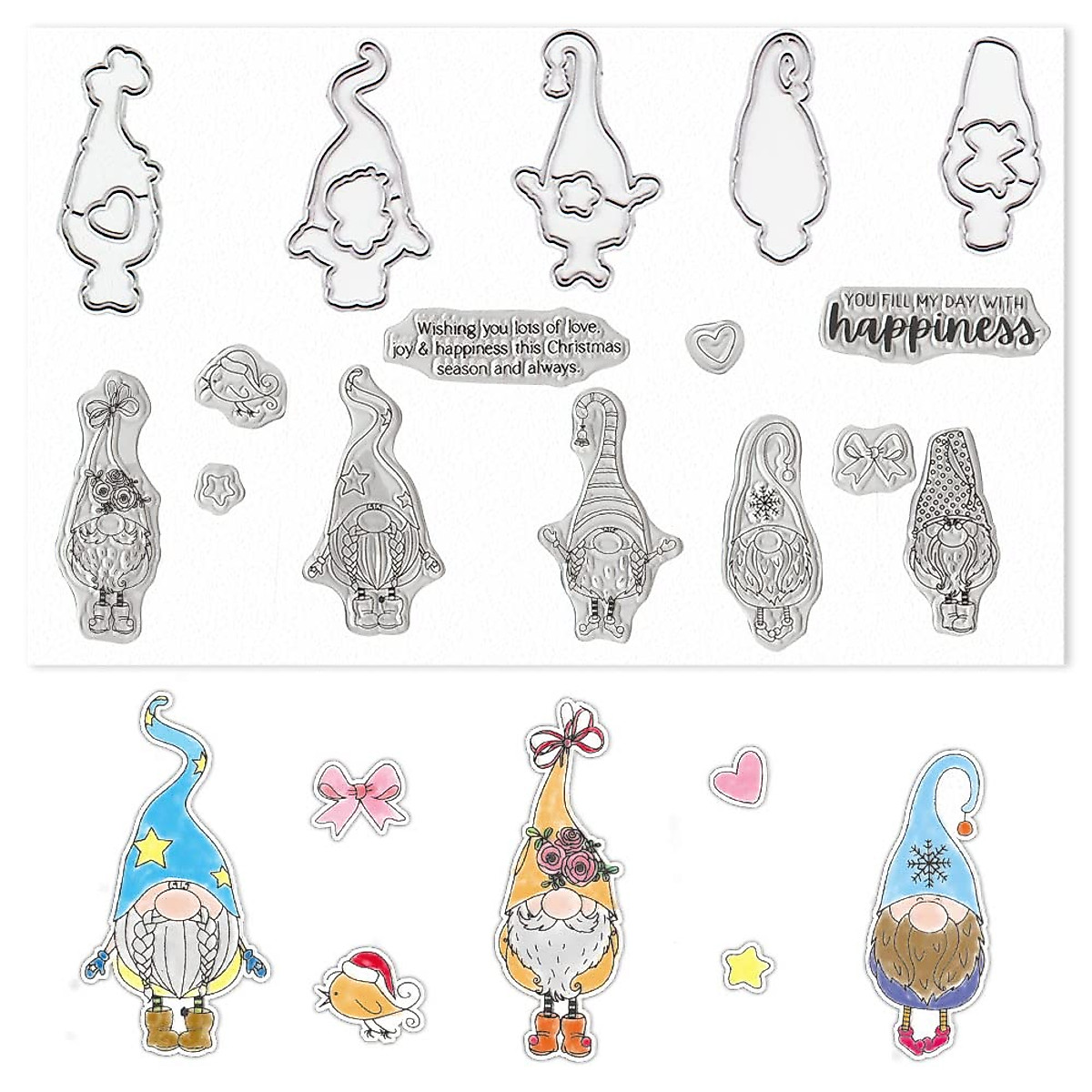 Christmas Gnomes Clear Stamps and Dies for Card Making, Xmas Snowflake Words Transparent Rubber Stamps Christmas Santa Gnomes Die Cuts Seal for DIY Scrapbooking