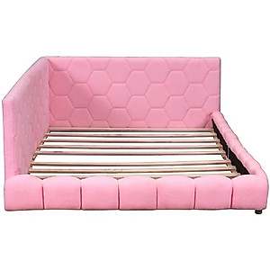 RORIGAT Upholstered Full Size Platform Bed with 2 USB Ports, Full Platform Bed Frame with LED Belt, Short Bed for Kids, No Need Spring Box,Pink