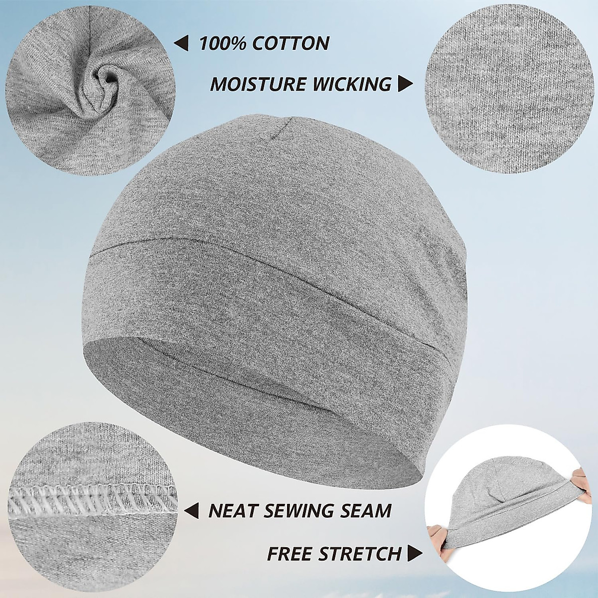 Headshion Cotton Skull Caps for Men Women,2-Pack Lightweight Beanie Sleep Hats Breathable Helmet Liner Light Grey,White Smoke