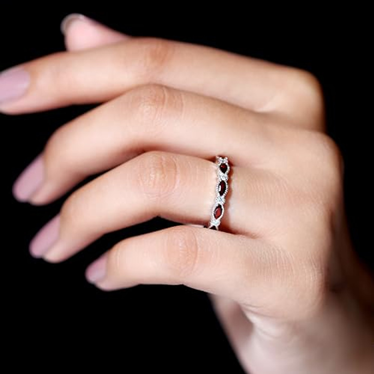 Natural Garnet Diamond Half Eternity Ring for Women, Aaa Quality, Wedding Anniversary Eternity Ring - With Jewelry Box, 14K White Gold, Size:US 6.00