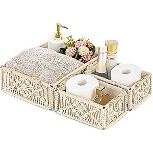 YOUDENOVA Macrame Storage Basket(Cream White, Set of 3), Decorative Hand Woven Boho Basket with Wooden Handles & Liner Cloth, Boho Bathroom Nursery Bedroom Living room Decor