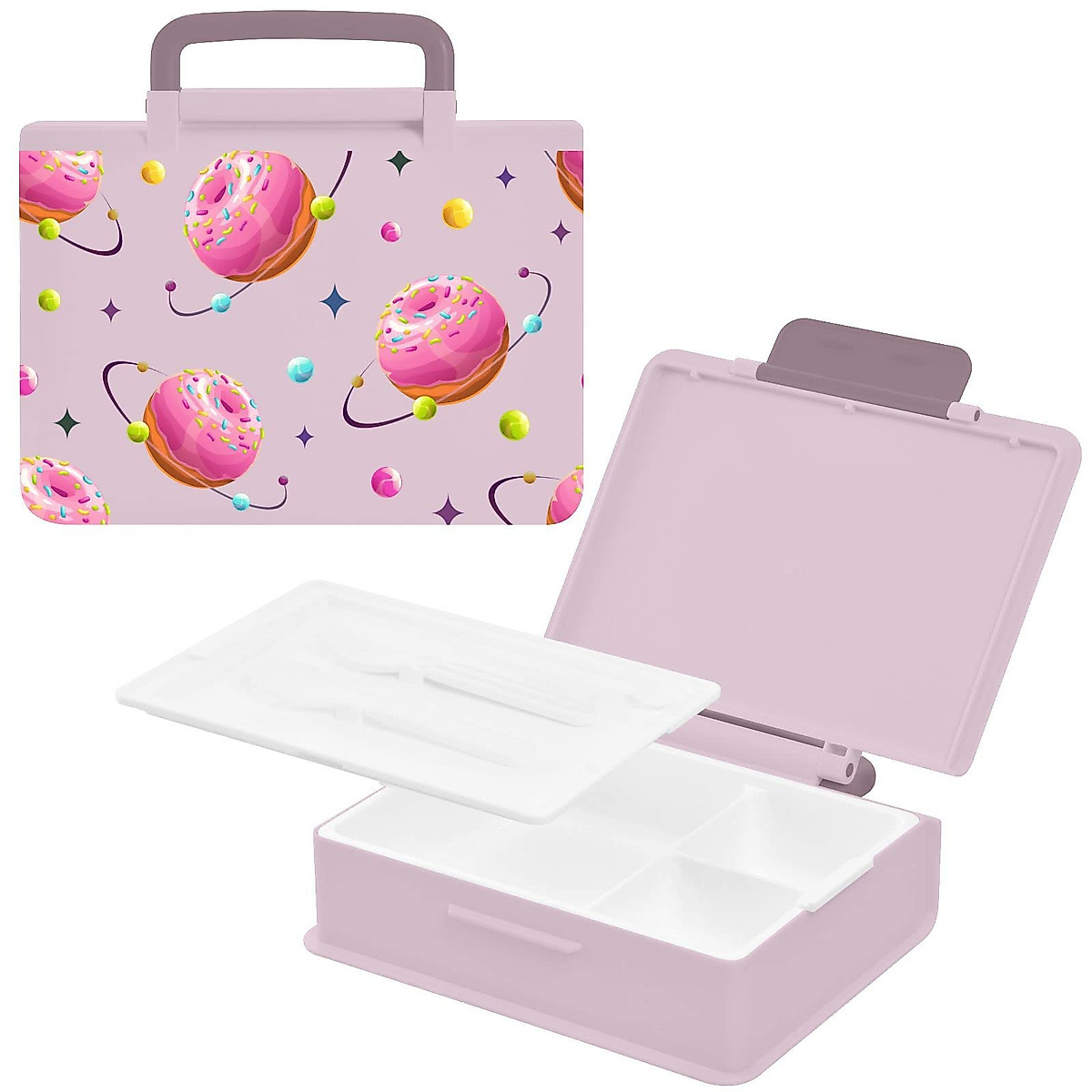 BOENLE Cosmic Planet Donuts Bento Lunch Box for Kids Bento Box with 3 Compartment,Lunch Containers Built-In Reusable Fork & BPA-Free Leakproof,Pink