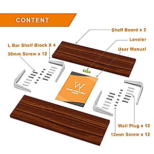 JAWU Set of 2 Pine Wood Floating Shelves - Decorative Hanging Farmhouse Rustic Shelves for Wall, Home, Kitchen, Bathroom, Bedroom - Wooden Shelf with L-Brackets, Screws, Plastic Plugs - 17x5.5x0.6