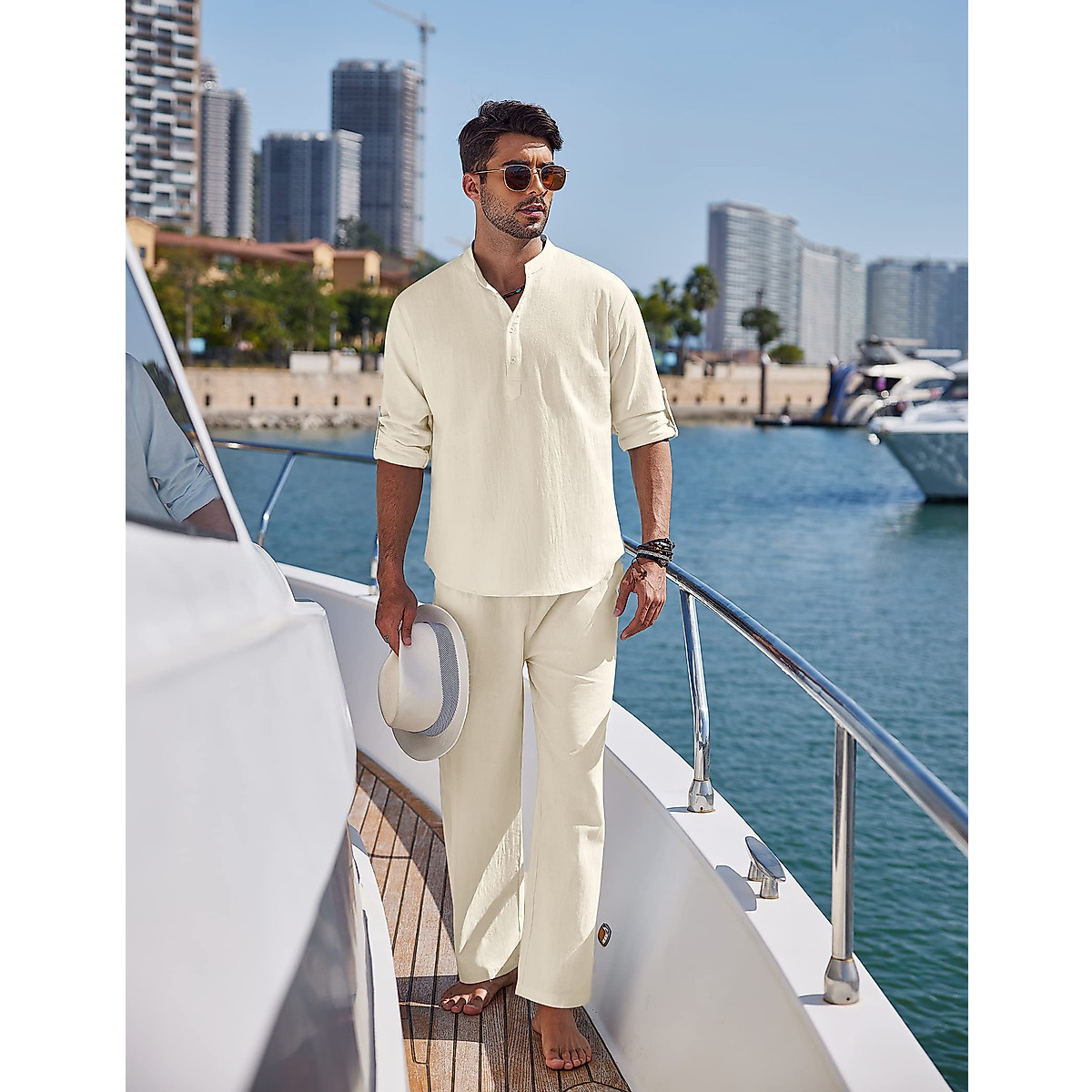 COOFANDY Men's 2 Pieces Cotton Linen Set Long Sleeve Henley Shirts Casual Beach Pants With Pockets Summer Yoga Outfits