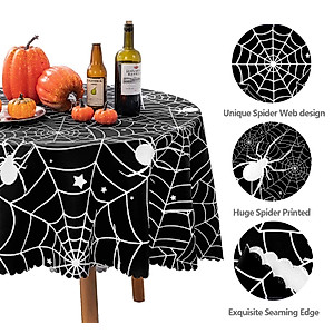 60 Inch Round Polyester Tablecloth, Halloween Black Spider Web Table Cloth, Spillproof Washable Polyester Table Cover - Perfect for Halloween Party Decorations