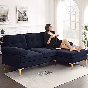 EASELAND 82" L-Shape Sofa with Reversible Chaise Lounge, Convertible Sectional Sofa Couch, Chenille Modern Sofa Couch for Living Room, Apartment and Office, Removable Cover (Dark Blue)