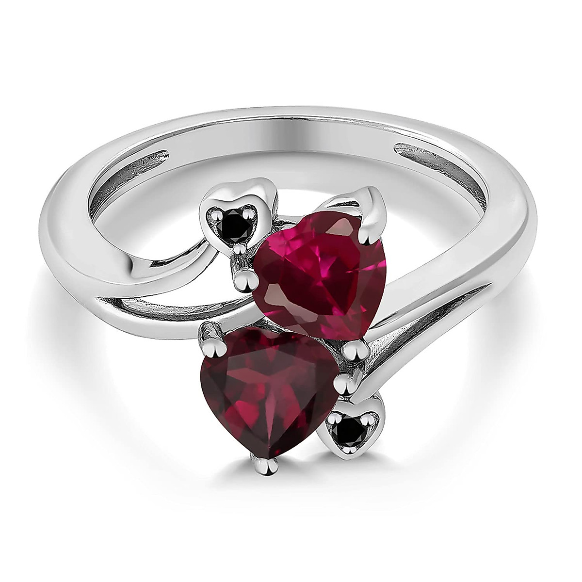 Gem Stone King 925 Sterling Silver Red Created Ruby Red Rhodolite Garnet and Black Diamond Ring For Women (1.72 Cttw, Heart Shape 6MM, Gemstone July Birthstone, Available In Size 5, 6, 7, 8, 9)