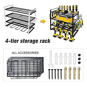 Lindafo Power Tool Organizer,Garage Tool Organizer Wall Mount,Power Tool Storage Rack 4 Layers,Heavy Duty Metal Cordless Drill Storage,Drill Charging Station,Utility Rack for Screwdriver and Pliers