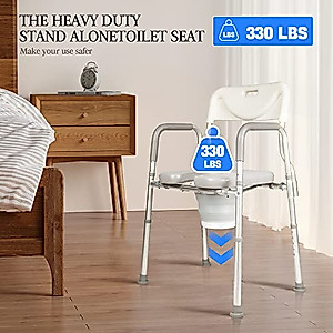 4-in-1 Raised Toilet Seat with Handles and Backrest, Bedside Commode Chair with 5L Collapsible Bucket, 330lbs Stand Alone Raised Toilet Seat, Toilet Safety Frame for Elderly, Pregnant, Disabled