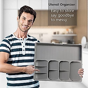 KAKUNM Flatware Drawer Organizer Expandable Adjustable Utensils Silverware Tray for Drawer, Spoon Knife and Fork Partition Storage,Large, Gray