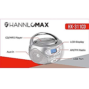 HANNLOMAX HX-311CD Portable CD/MP3 Boombox, PLL AM/FM Radio, USB Port for MP3 Playback, Aux-in, LCD Display, AC/DC Power Source (Silver)