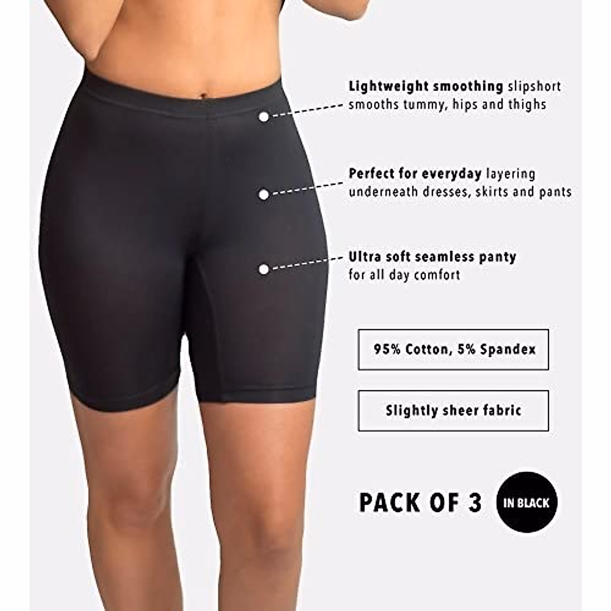 Emprella Slip Shorts 3-Pack Black Bike Shorts Cotton Spandex Stretch Boyshorts For Yoga,Black,Large