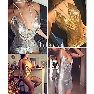 Fstrend Sexy Sequins Short Dress Slit Gold Blackless Metal Skirts Cocktail Body Chain Beach Bikini Rave Clubwear Body Accessories Jewelry for Women and Girls