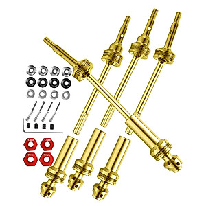 Rcarmumb CVD Upgrades Part for 1/10 Rustler VXL 4X4,Stampede VXL 4X4,Slash VXL 4X4 Platinum Ultimate,Hoss VXL 4X4 4WD RC, Alloy Front Rear Stainless Steel #45 Axle with Red Hex,Gold