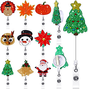 9 Pieces Christmas Badge Reel Holder Retractable Nurse Badge Reel Bling Glitter Holiday Badge Reels Cute Acrylic Id Name Badge Holder with Alligator Clip for Office Nurses Doctors