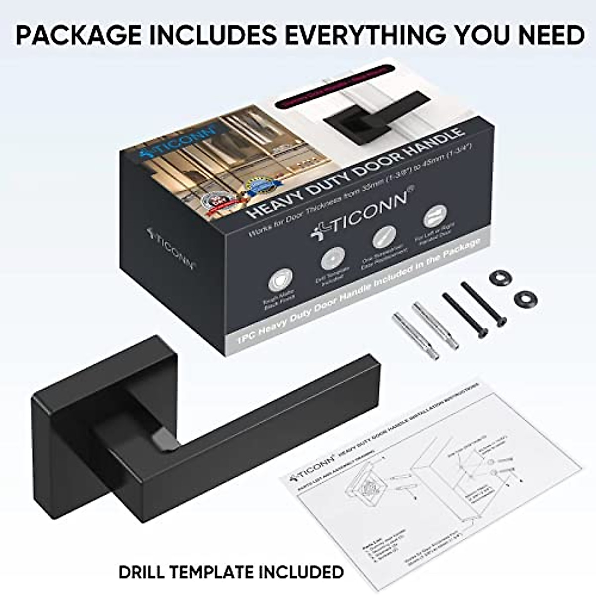 TICONN Door Handle Heavy Duty, Reversible Square Door Lever for Bedroom, Bathroom and Rooms (Black, Dummy - Rear Mount)