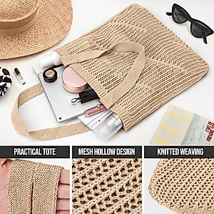 Crochet Tote Bag, Beach Mesh Knitted Bag Large Aesthetic Shoulder Bag Handbags Hollow Hobo Bag for Women Summer (Khaki, 4-Strips)