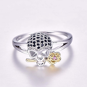 Narica Silver Plated Women's Gothic Skull Flower Ring Round Cut Created Pink Topaz & Black Spinel CZ Cubic Zirconia Filled Engagement Promise Wedding Band for Mom Lover Gift 6#
