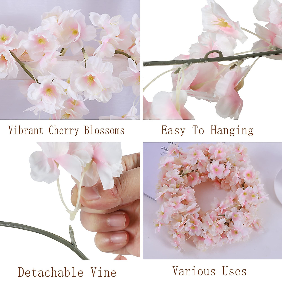 Homcomoda 4 Pcs Artificial Cherry Blossom Flower Vines Hanging Silk Flower Garlands Strings for Wedding Party DIY Home Garden Deceor
