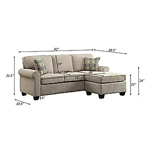 Lexicon Pescadero Fabric Reversible Sofa Chaise with 2 Pillows, 82" W, Sand