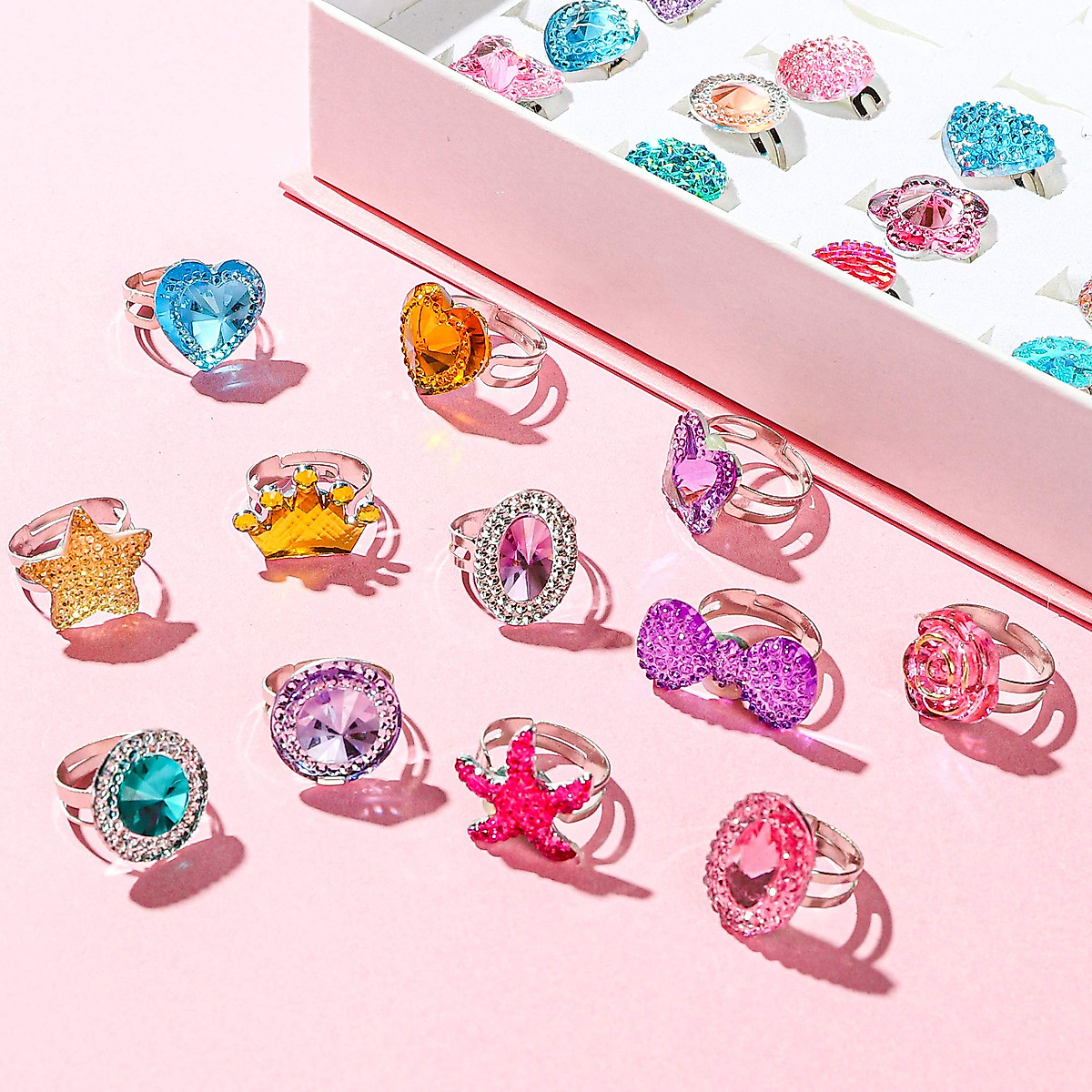 WATINC 24Pcs Adjustable Princess Pretend Jewelry Rings, Girl’s Jewelry Dress Up Play Toys, Rhinestone Gift Set in Box for Little Girls, No Duplication Diamond Ring for Children, Party Favors for Kids