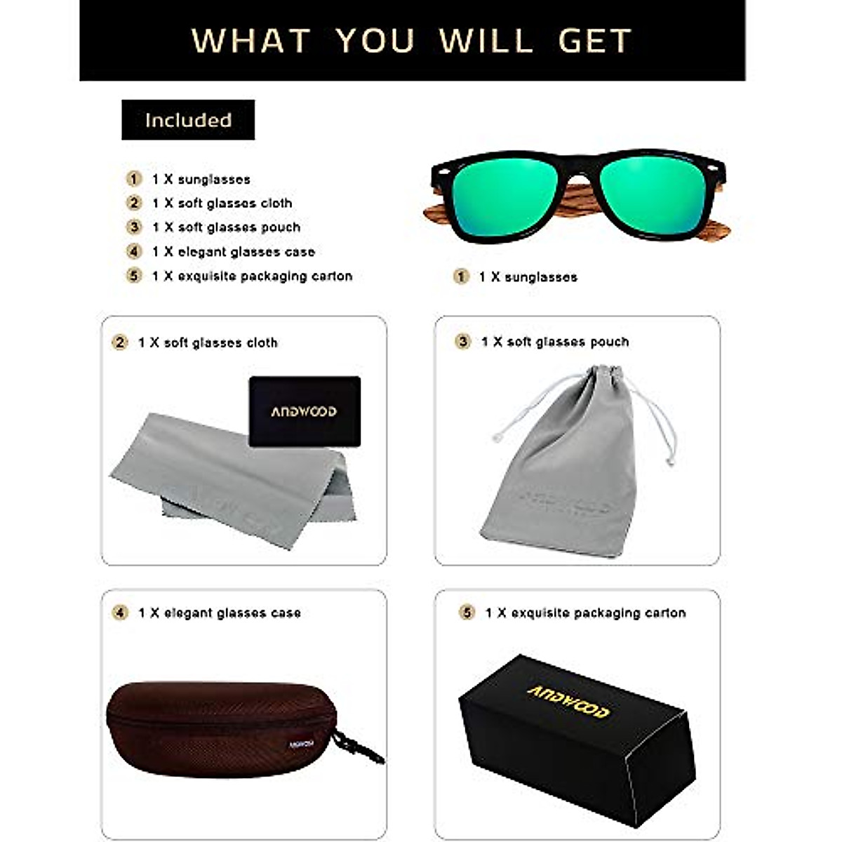 ANDWOOD Wood Sunglasses Polarized for Men Women Uv Protection Wooden Bamboo Frame Mirrored Sun Glasses Green Shades