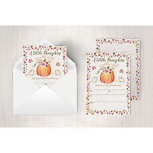 Pumpkin Fall Baby Shower Invitations, A7 Size Envelopes Included, Premium Heavy-weight Card Stock, Two Sided, Autumn Floral Design, 20 Count Pack