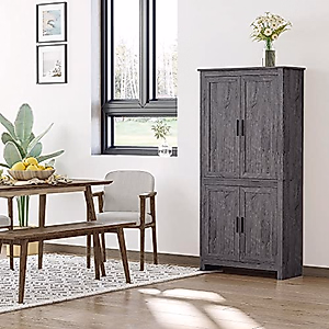 HOMCOM 64" 4-Door Kitchen Pantry, Freestanding Storage Cabinet with 3 Adjustable Shelves for Kitchen, Dining or Living Room, Grey