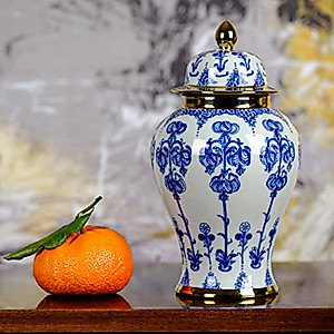 BALIOS Decor Handmade Gold Trim Blue and White Porcelain Fuchsia Flowers Ginger Jar with Lid, 9.1”H x 4.9”W, Decorative Ceramic Bud Vase for Home Décor