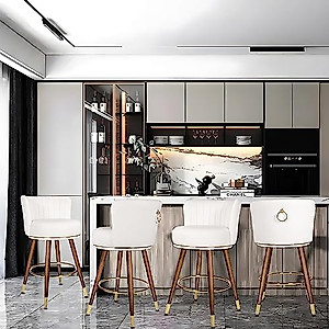 SeekFancy 27" Swivel Bar Stools Set of 4, Counter Heigh Bar Stools with Back, White & Gold Bar Stools with Wood Legs & Footrest, Upholstered Swivel Counter Stools,Leather Bar Chairs for Kitchen Island