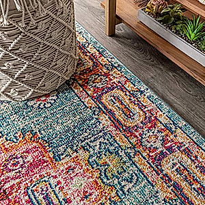 JONATHAN Y BMF100A-8 Bohemian Flair Boho Vintage Traditional Medallion Indoor Area-Rug Floral Easy-Cleaning High Traffic Bedroom Kitchen Living Room Non Shedding, 8 ft x 10 ft, Blue/Red