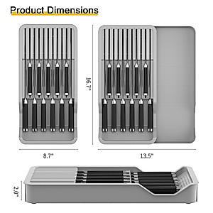 Knife Block Drawer Insert,Steak Knife Drawer Organizer,Knife Holder With Storage Tray, Kitchen Drawer Organizer for 11 Knives (Knife Not Included),Large Capacity,Saves Space,Gray