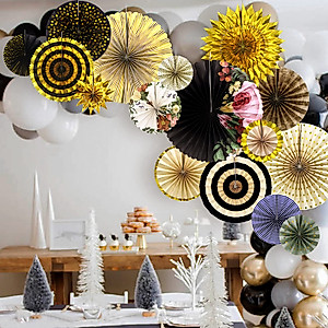 ADLKGG Party Hanging Paper Fans Set, Black Gold Round Pattern Paper Garlands Decoration for Birthday Wedding Bridal shower Graduation Events Accessories, Set of 16