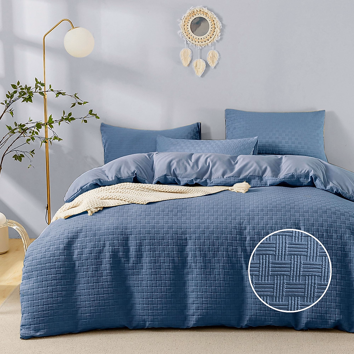 JELLYMONI Blue Duvet Cover King Size - 3 Pieces Soft and Breathable Microfiber Knitted Jacquard Waffle Weave Striped Comforter Cover with 8 Corner Ties & Zipper Closure