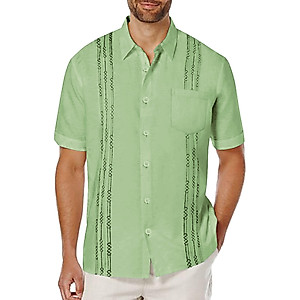 COOFANDY Mens Cuban Guayabera Shirt Linen Short Sleeve Shirts Regular Fit Summer Beachwear Light Green