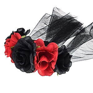 Funsveta Halloween Rose Flower Headband Day of The Dead Flower Headpiece with Black Veil Costume Cosplay (Black and Red)