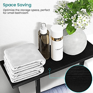 ELITEROO Towel Holder for Bathroom Wall, Towel Rack with Shelf and Hooks, Hanging Towel Organizer for Small Bathroom Storage, Wooden Rolled Towel Shelf for RV, Camper, Black