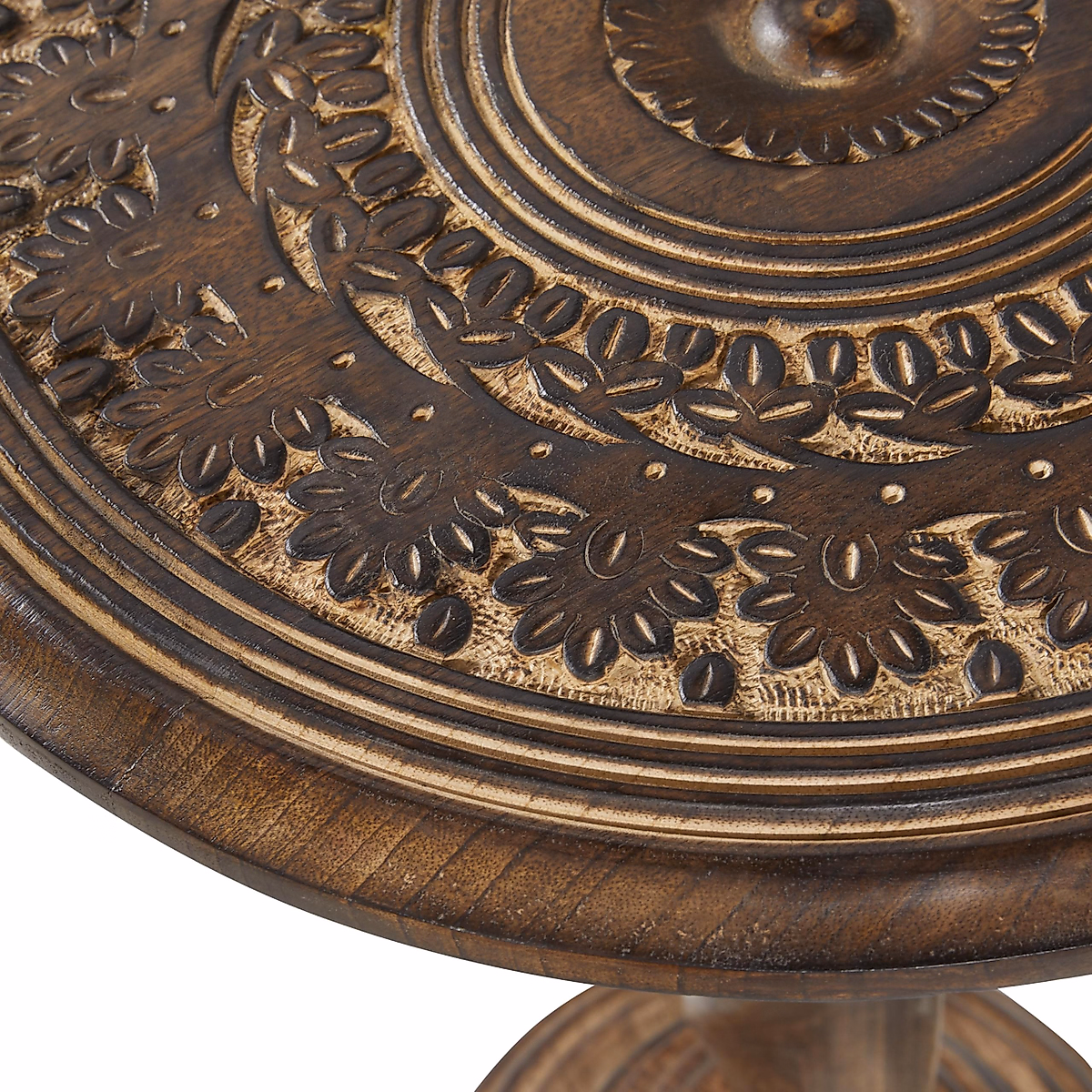 Deco 79 Mango Wood Floral Handmade Intricately Carved Accent Table with Spiral Leg and Elevated Base, 18" x 18" x 22", Brown