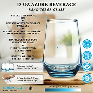 Burns Blue Drinking Glasses, 6 pcs Stemless Wine Glasses Italian-Style, Clear Colored Glass Cup Set, 13 Oz.
